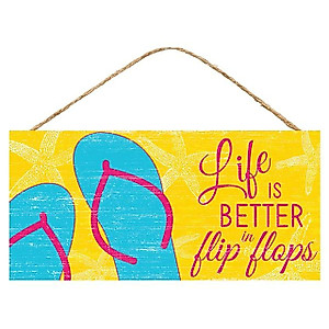 GEDSING Life is Better in Flip Flops Sign: Yellow Porch Decor Wood Wall Signs Hanging Rustic Lake Cabin Welcome Art Door Decorations My House Our Sweet Home Garden Farmhouse 6x12inch Gift