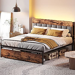 LIKIMIO Full Bed Frame with Storage Headboard, Drawers, LED Light, Charging Station, Sturdy, Noiseless, No Need Box Spring, Easy to Assemble