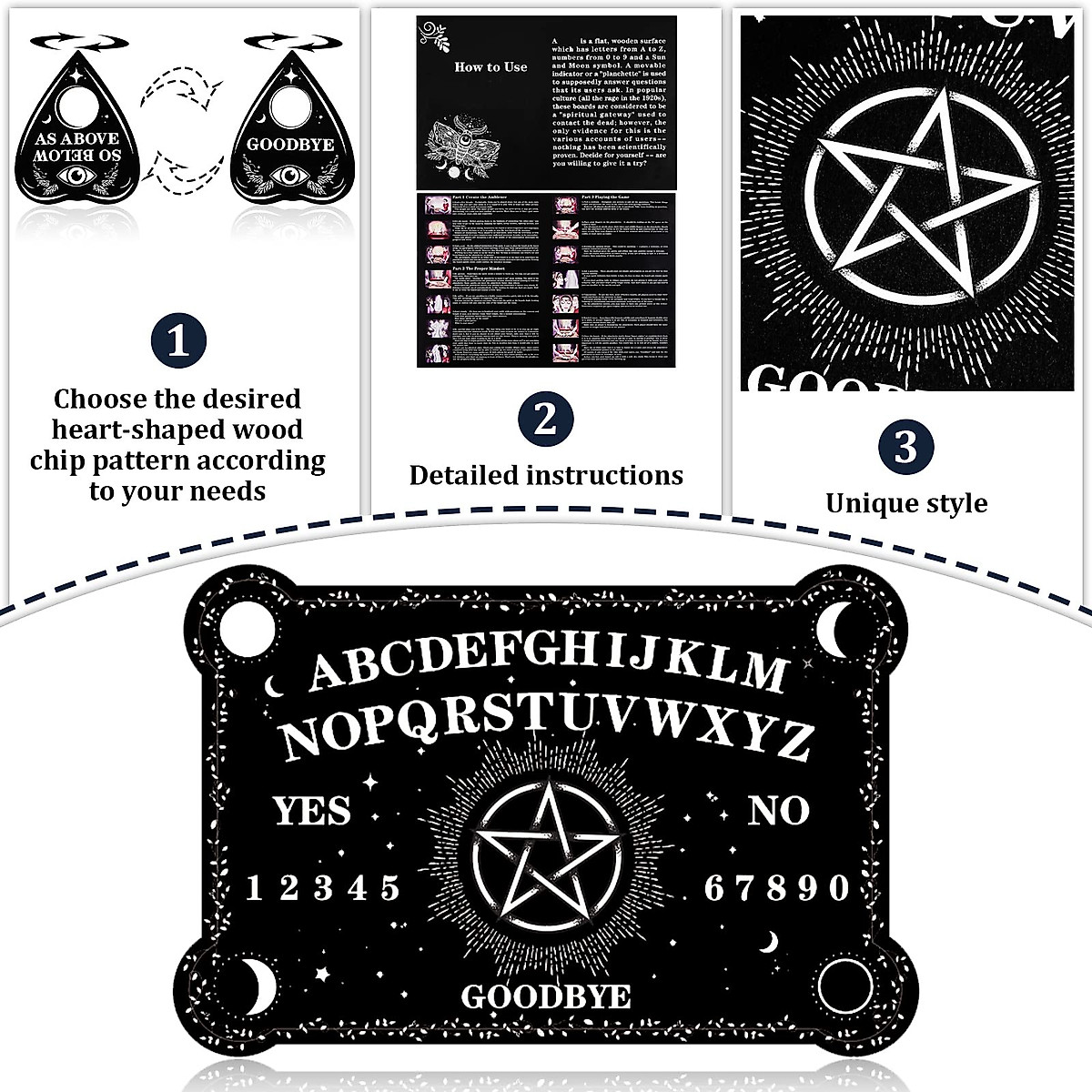 Threan Pendulum Dowsing Divination Board with Amethyst Set Metaphysical Message Crystal Pendulum Necklace Wooden Spirit Board Talking Board with Planchette for Wiccan Supply(Star Style)