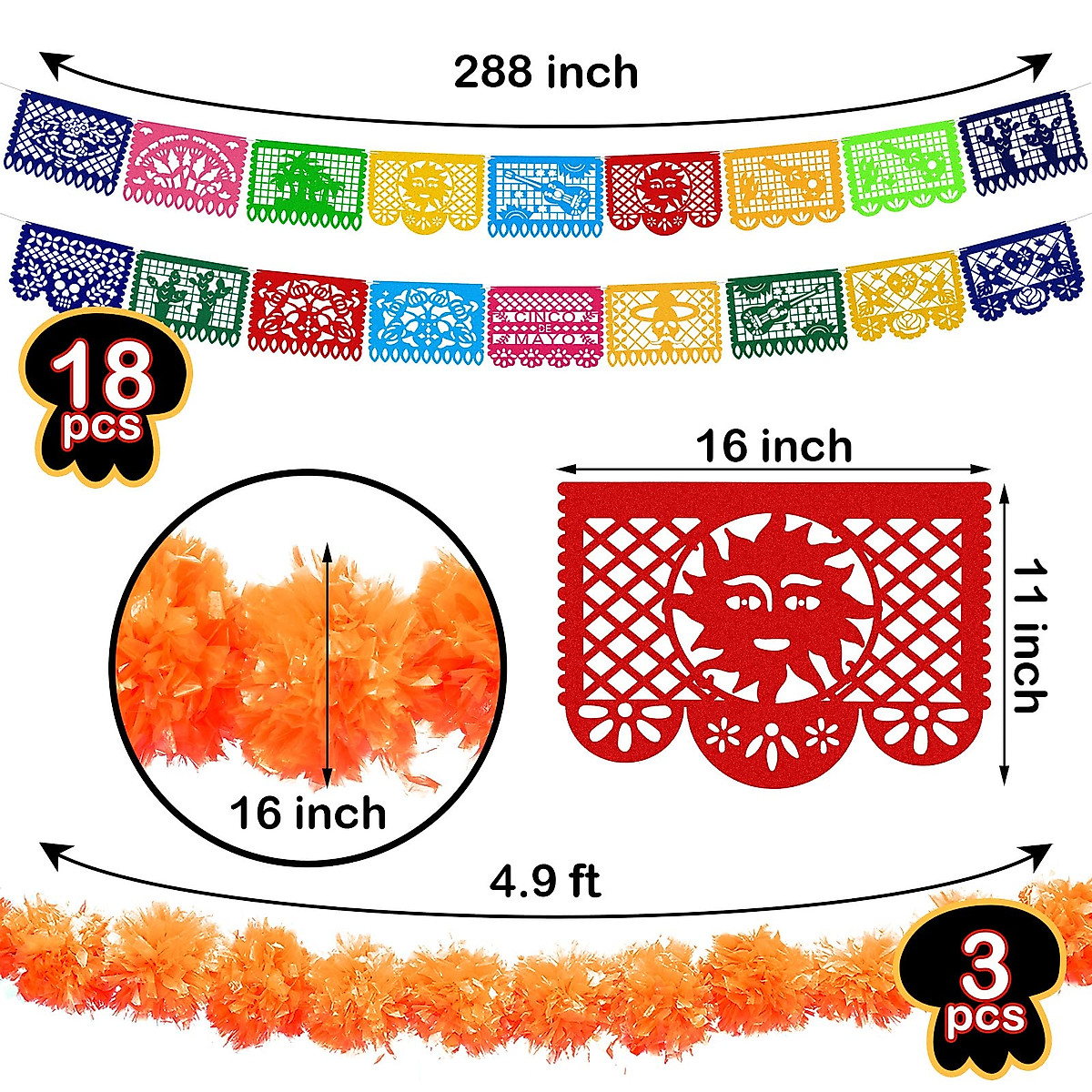 18 Pcs Day of The Dead Party Banners Day of The Dead Party Decorations Dia De Los Muertos Day of The Dead Decor with 24 Pcs Monarch Butterfly 3 Artificial Marigold Flowers Garland for Diwali Decor