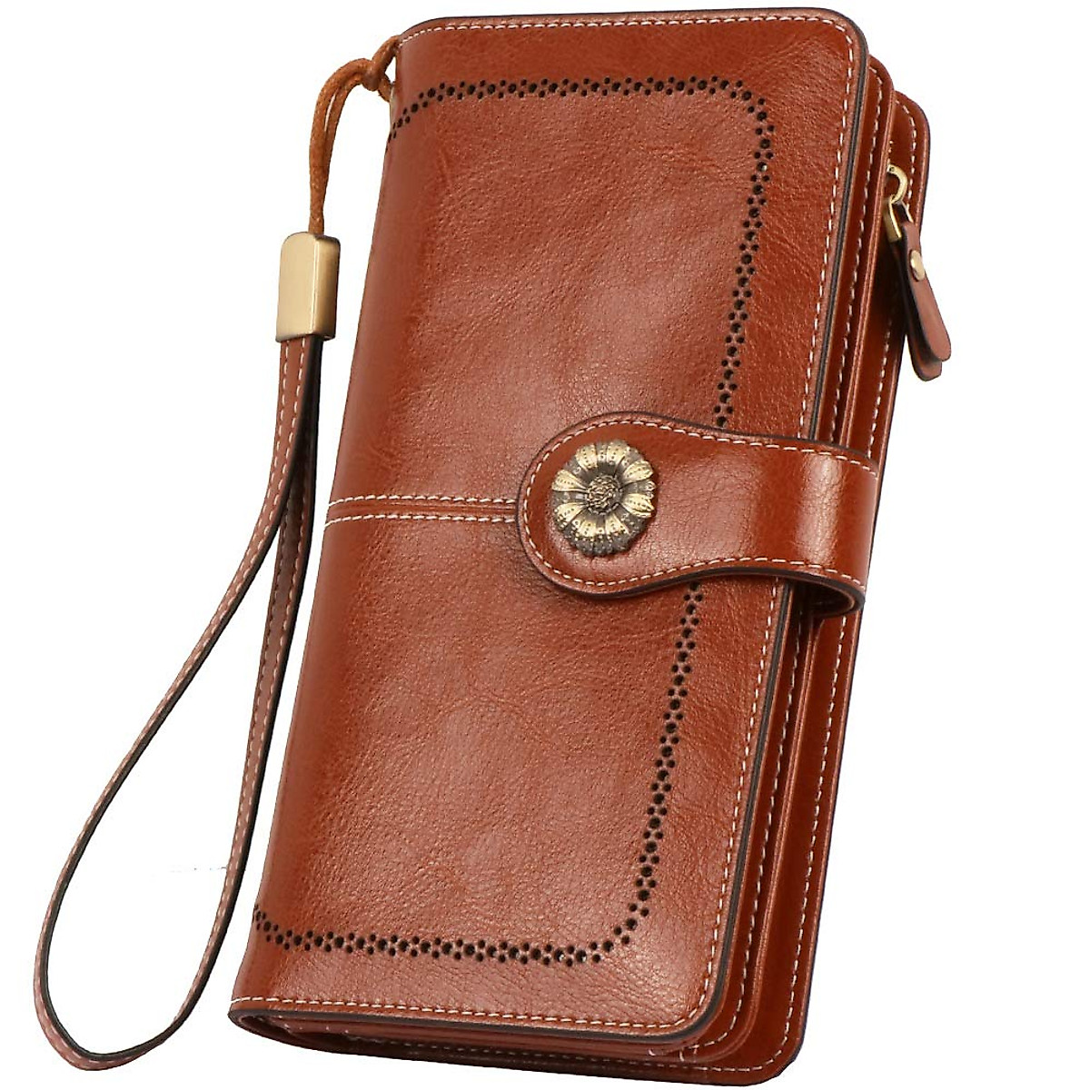 Pearl Angeli Women Wallet Genuine Leather Charming Ladies Wristlet Tri-fold Rfid Blocking Credit Card Holder Organizer Clutch（Brown）