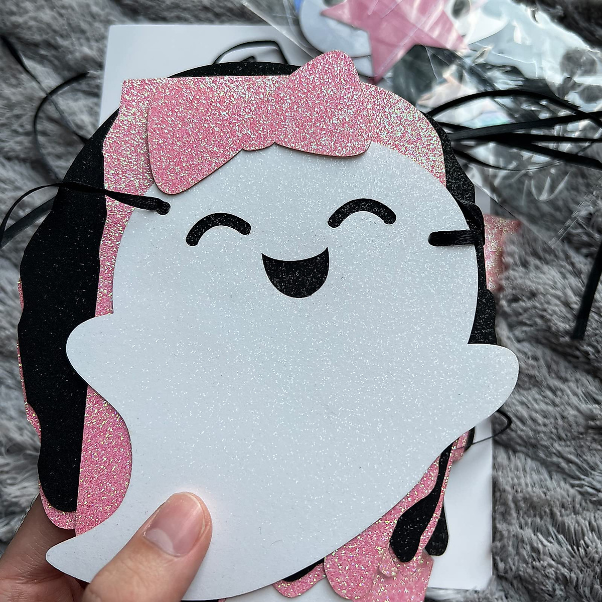 Boo I'm Two Halloween Banner and Ghost Bat Moon Star Garland Pink Black Glitter- Halloween 2nd Birthday Party Decorations for Girl, Here for the Boos Baby Shower Decorations