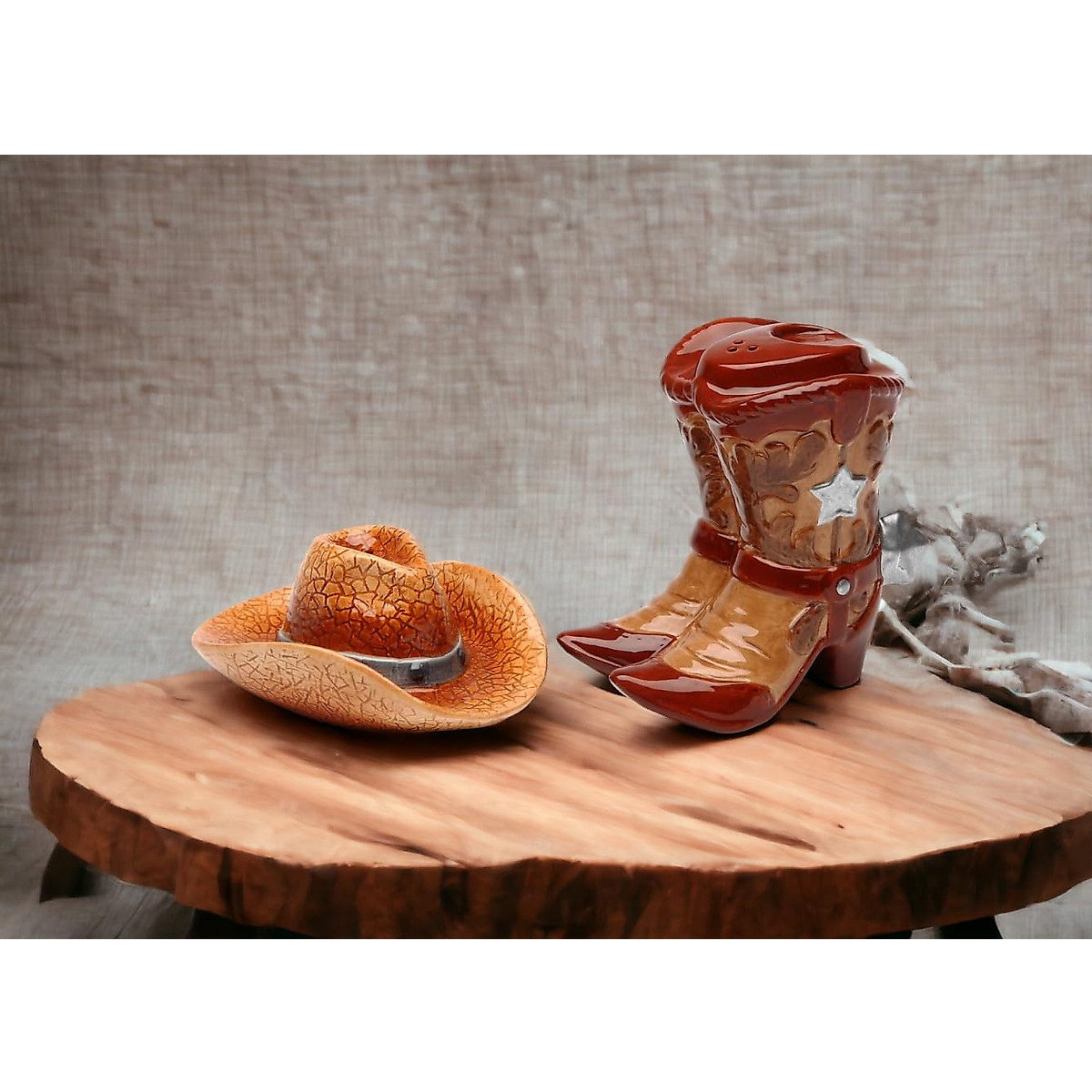 Fine Ceramic Western Cowboys Hat & Boot with Spurn Design Salt & Pepper Shakers Set, 3" H