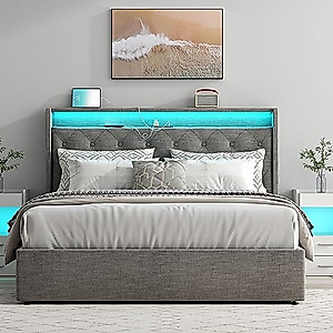 Loomie Queen Lift Up Bed Frame with Charging Station & LED Lights, Upholstered Bed with Button Tufted Wingback Storage Headboard, Hydraulic Storage, No Box Spring Needed, Wood Slats Support,Light Grey