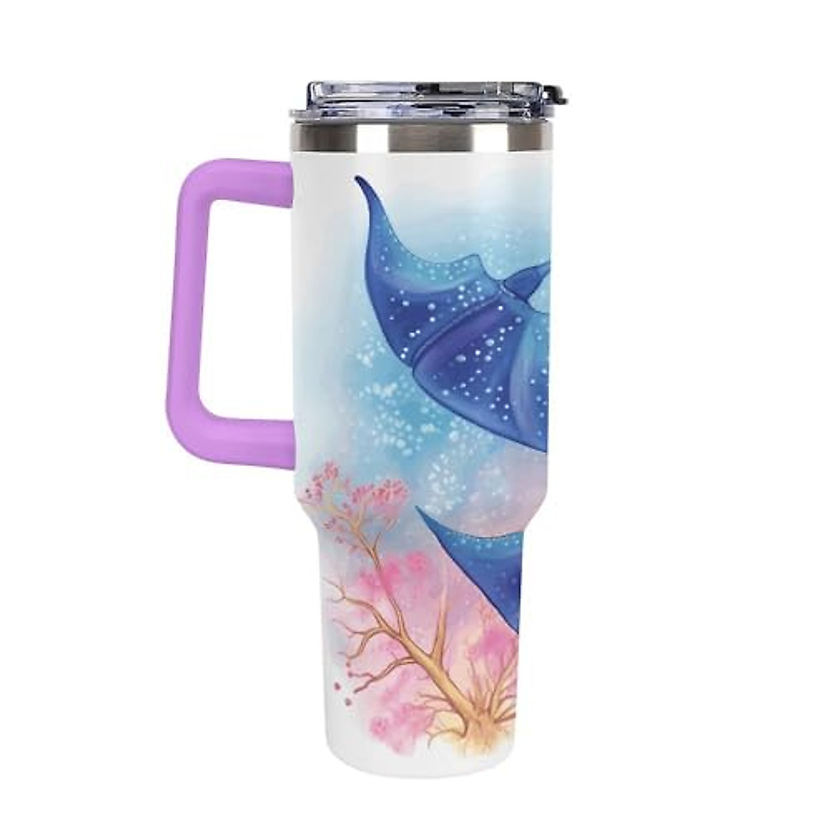 WYUSPGK 40oz Stainless Steel Car Mug, Sea Animals Stingrays Print Travel Mug, Double-Wall Insulated with Straw, Perfect for Car, Office, Outdoor
