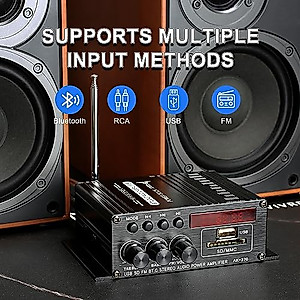 AK-370 Bluetooth Audio Amplifier with 12V/5A DC Power Supply,2.0 Channels Bluetooth Amplifier Supports Bluetooth/RCA/USB Flash Drive/SD Card Input and FM Function