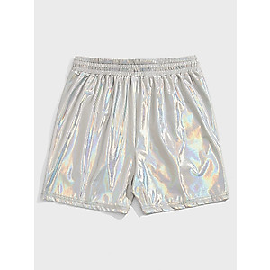WDIRARA Men's Metallic Shiny Sparkly Drawstring Waist Shorts with Pockets Silver Reflective L