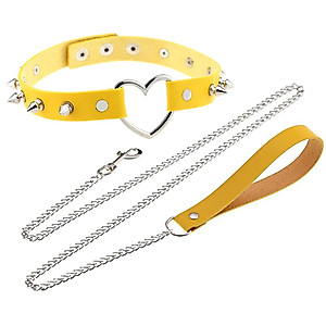 JNKET Rivets Choker Punk Hauling Chain PU Leather Collar Peach Heart Gothic Necklace NightClub Goth Leash Belts (Yellow)