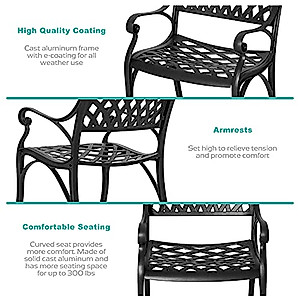 Nuu Garden 3 Pieces Patio Bistro Set, Cast Aluminum Patio Dining Set with Umbrella Hole All-Weather Garden Table and Chairs for Yard, Balcony, Black with Antique Bronze Edging