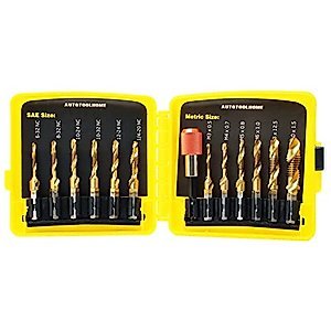 AUTOTOOLHOME Titanium Combination Drill Tap Bit Set 13PCS SAE and Metric Tap Bits Kit for Screw Thread Drilling Tapping Deburring Countersinking