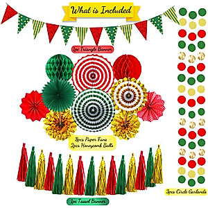 Red Green Gold Party Decoration Hanging Paper Fans, Pom Poms Flowers, Honeycomb Ball, Garlands String Polka Dot,Tassel Garland and Triangle Flags for Graduation, Birthday, Wedding, Baby Bridal Shower