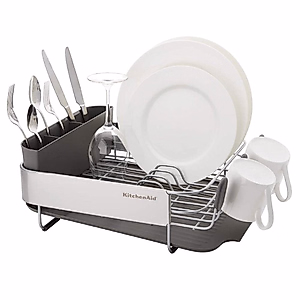 KitchenAid Compact, Space Saving Rust Resistant Dish Rack, with Angled Self Draining Drain Board and Removable Flatware Caddy, 16.06-Inch, Gray