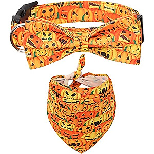 Halloween Thanksgiving Dog Bandana and Collar Set with Bow Tie Dog Scarf Triangle Bibs Kerchief Adjustable Costume Accessories for Cats Dogs Pets