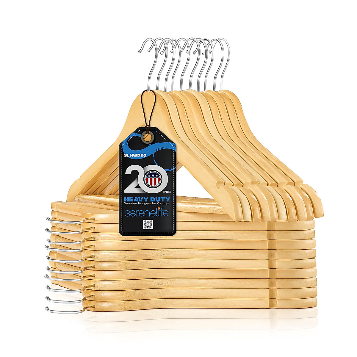 SereneLife Premium Solid Wooden Hangers - Smooth Finish Space Saving Heavy Duty Suit Clothes Hanger Set w/ 360 Degree Swivel Metal Hook, Precisely Cut Notches, for Coats Jackets Pants Dress (20-Pack)