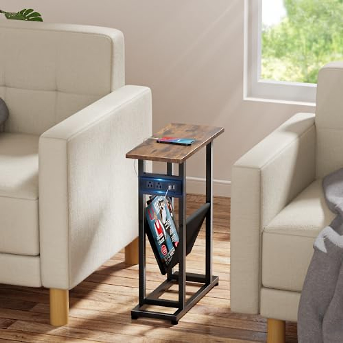 LAKEMID Narrow Side Table Set of 2 with Charging Station, Skinny Side Tables with Storage, Slim End Tables for Small Spaces with USB Ports for Living Room, Bedroom, Rustic Brown