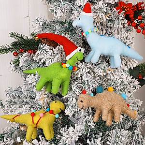 Juegoal Christmas Felt Dinosaurs Ornaments Set of 4, Xmas Wool Dinosaur Hanging Decor, Felt Animal Crafts Woodland Cute Christmas Tree Wreath Decor for Home Dinosaur Themed Birthday Party Supplies