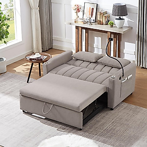 56'' Convertible Sleeper Sofa Bed,Full Loveseat Futon Pull Out Couch Sofá for Small Space,3 USB Ports,2 Cup Holders,360°Swivel Phone Holder,Modern Couches Sofabed Living Room,RV Hide-a-Bed (Gray)