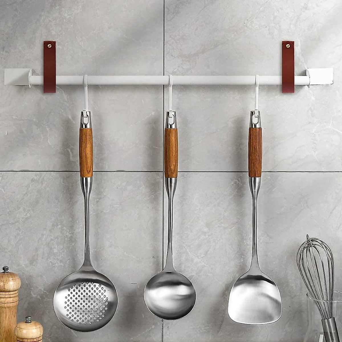 QWLWBU 8 Pcs Artificial Leather Wall Hooks, Leather Curtain Rod Straps, Wall Hanging Straps for Bathroom Kitchen Bedroom Towel Holder (Light Brown)