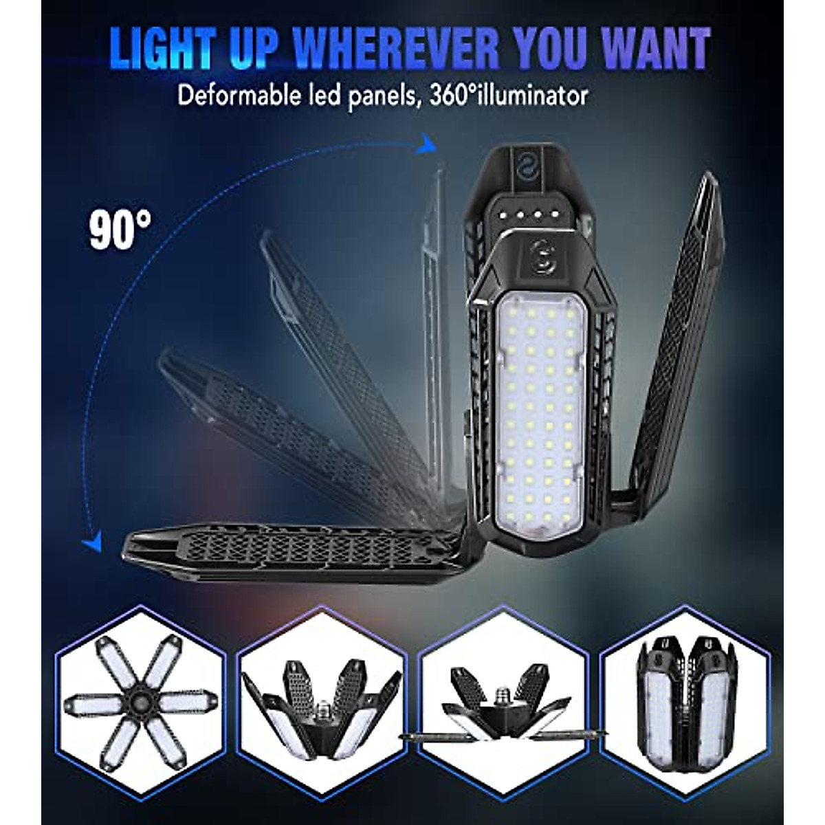 LED Garage Light,Garage Lights,120W Deformable Shop Ceiling Lights,13000LM 6500K 6 Panel Adjustable garage light fit E26 Base,Bright Led Lights for home,Workshop,Basement,attic,Barn (1 Pack)