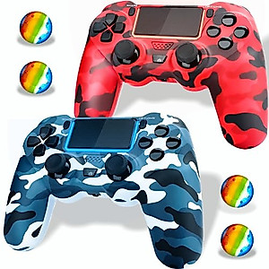 PGYFDAL 2 Pack Wireless Controller For PS4/Pro/PC, Gamepad with USB Cable/1000mAh Battery/Dual Vibration/6-Axis Motion Sensor/3.5mm Audio Jack/Multi Touch Pad/Share Button (Red and Blue)