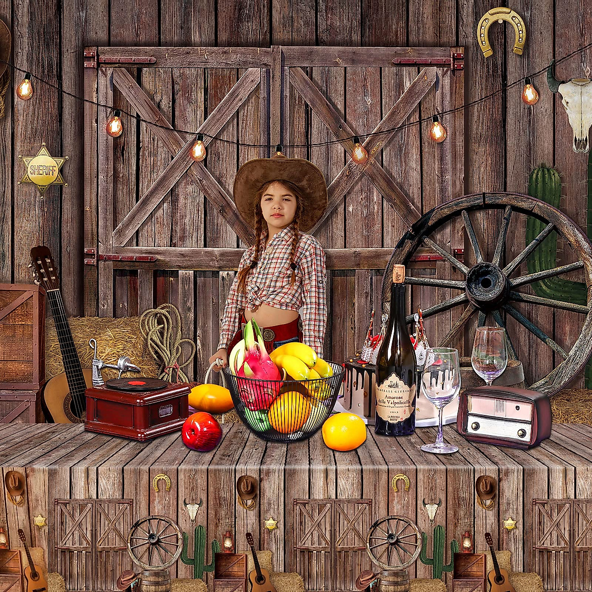 Oudain 7 x 5 ft Western Cowboy Backdrop Large Western Party Background Polyester Wild West House Barn Photo Banner for Kids Boy Western Cowboy Theme Birthday Party Photo Prop Booth Supplies Decor