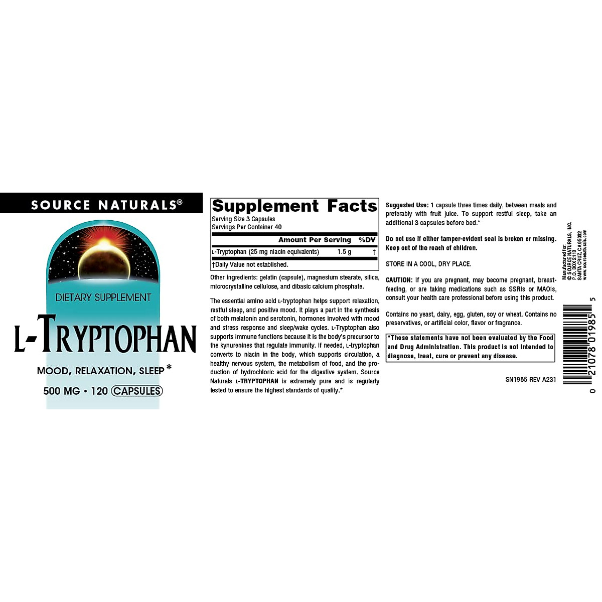 Source Naturals L-Tryptophan, for Mood, Relaxation, and Sleep*, 500mg - 120 Capsules