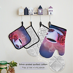 5Pcs Morning Coffee Oven Mitts and Pot Holders, Eiffel Tower Red Rose Long Kitchen Apron and Accessories Set Kitchen Linen Sets Potholders Oven Gloves for Women Men Baking Cooking BBQ