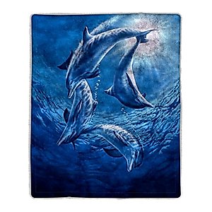 Bedford Home Sherpa Fleece Throw Blanket, Machine Washable, Warm, Soft, Hypoallergenic, Breathable, Lightweight Multipurpose Plush Warmer for Adults and Kids - Ocean Dolphin Pattern 60” (L) x 50” (W)