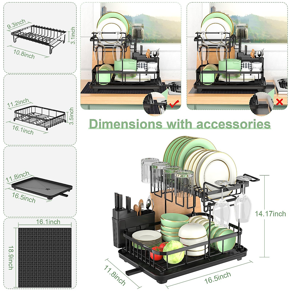Loftiage Dish Drying Rack and Drainboard Set, Large Dish Racks for Kitchen Counter, 2 Tier Dish Strainers, Black Dish Drainer with Utensils, Pot, Knives, Cutting Board Holders and Drying Mat