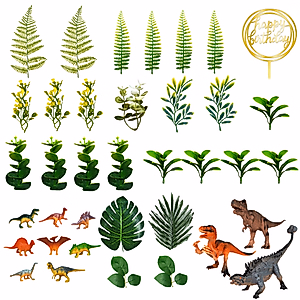 Dinosaur Cake Toppers Dinosaur Toy Artificial Plants Grass Cake Decorations for Boy Girl Kid Birthday Baby Shower Dinosaur Theme Jungle Party Supplies (Style 2)