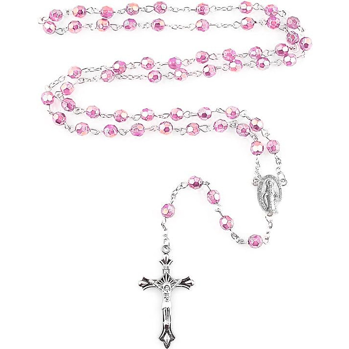 Catholic 6mm beads Woman or Girl Pink Pearl Rosary with White Vinyl Rosary Case with gold accent (Light Pink)