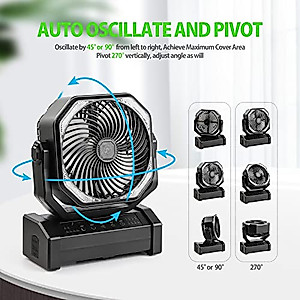 20000mAh Battery Operated Camping Fan, Rechargeable Outdoor Tent Fan with Light & Remote, 4 Speed Auto Oscillating, Runs Up to 60H, Portable Personal Fan for Tent RV Car Travel Hurricane Power Outage
