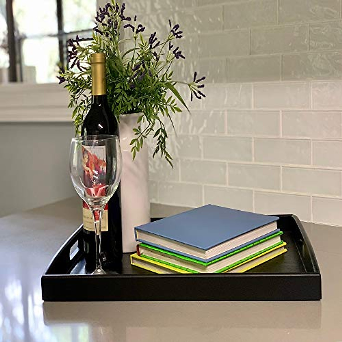 Jara19 Large Serving Tray Black Wood Rectangle for Ottoman Food Breakfast in Bed 17 x 13 x 2