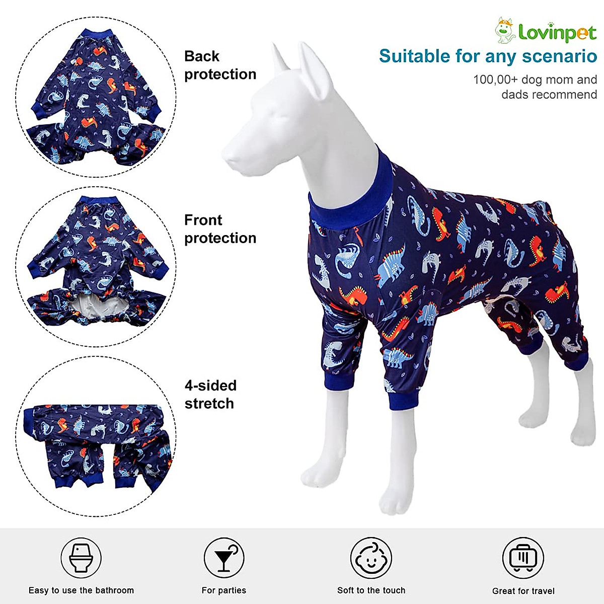 LovinPet Pitbull Pet Onesie, Comfy Lightweight Stretchy Fabric, Blue Dinosaurs Print, Sun Protection, Pet Anxiety Relief Shirt, Easy to Wear Dog Costume for Party,Blue White XL