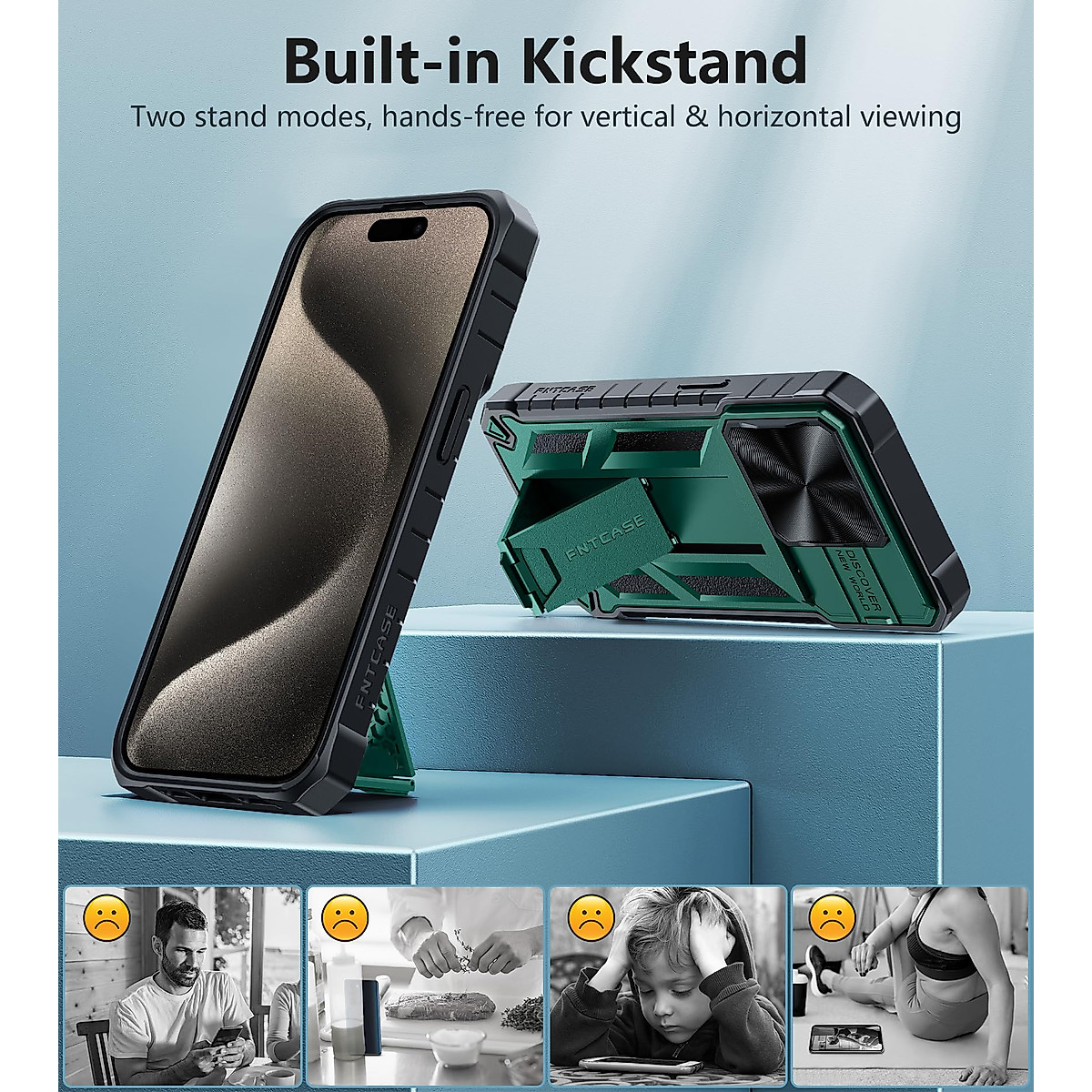 FNTCASE for iPhone 15 Pro Case: Military Grade Drop & Shock Protection Cell Phone Cover with Kickstand & Slide | Rugged Protective Bumper Textured | Heavy Duty Protector(Green)