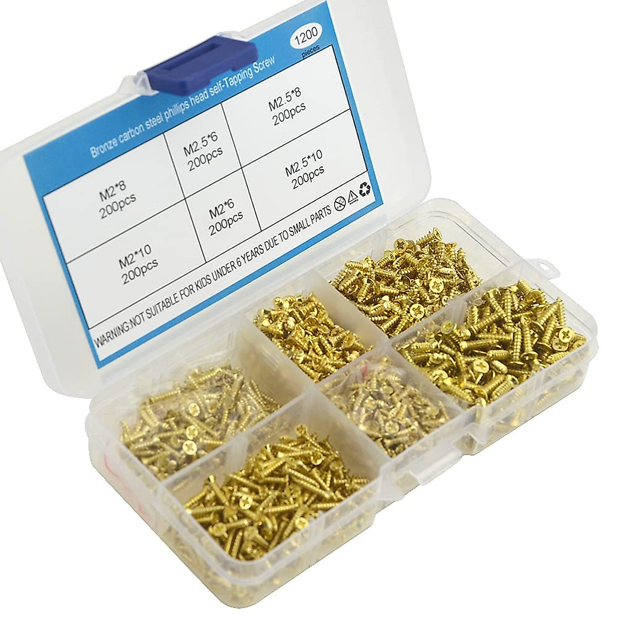 XINGYHENG 1200pcs 6 Kinds M2 M2.5 Gold-Plate Carbon Steel Flat Head Self Tapping Screw Stainless Cross Recessed Pan Head Screw Assortment Kit Collected in A Convenient Case