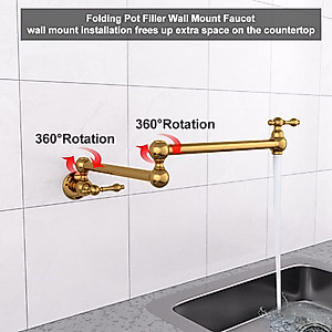 KATAIS Wall Mount Copper Pot Filler Faucet Rotatable Golden Kitchen Brass Faucet Single Hole 2 Handle Stretchable Double Joint Swing Arm Folding Faucet