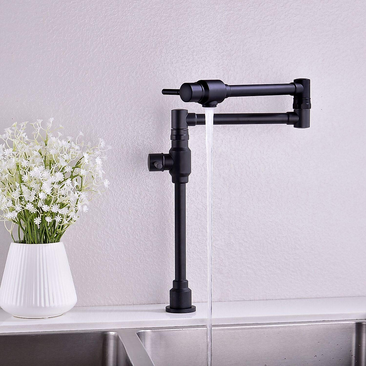 Black Deck Mount Pot Filler Kitchen Faucet,Brass Pot Filler Folding Faucet,Dual Handles Stretchable Double Swing Joint Single Hole Kitchen Sink Faucet