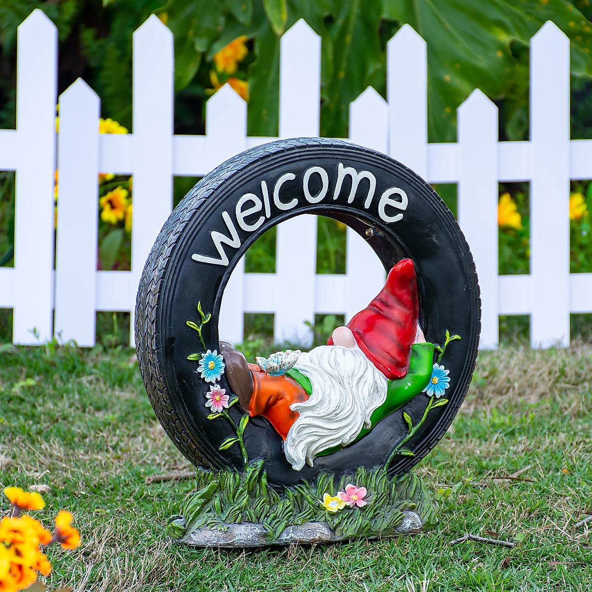 Ottsuls Solar Gnome Garden Statues for Outdoor, Resin Welcome Dwarf with Tyre&LED Lights, Sculpture Decor for Patio, Porch, Balcony, Yard, Lawn Ornament - Unique Holidays/Birthday Gift