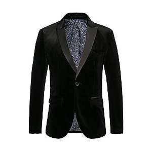 THWEI Mens Velvet Blazer Slim Fit Suit Jacket One Button Tuxedo Blazer Wedding Prom Dinner Black M