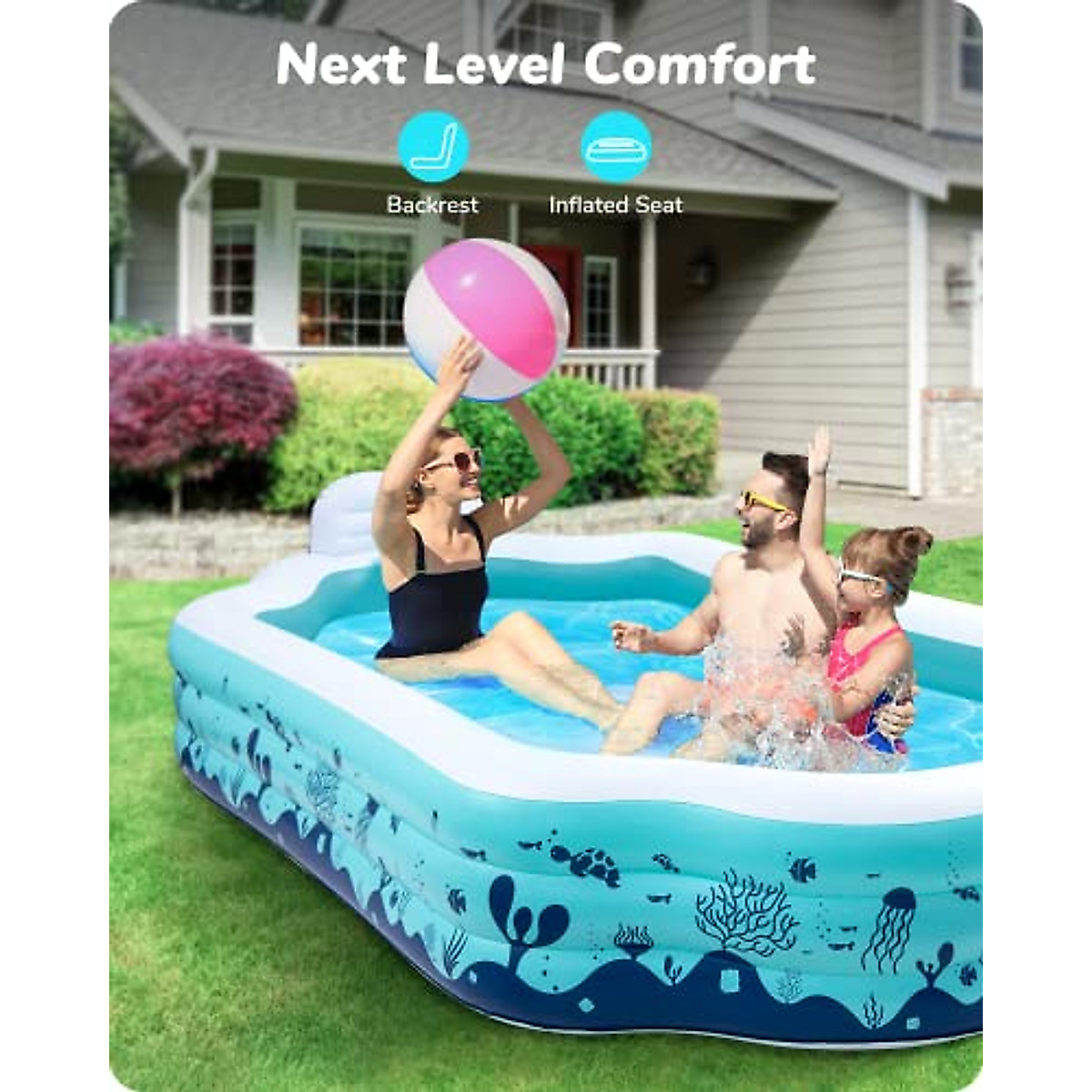 Inflatable Swimming Pool, Valwix 122" X 71" X 20" Full-Sized Family Blow Up Pools for Adults, Children, Above Ground Outdoor Garden Backyard Pool with Seat and Backrest, Summer Water Party for All