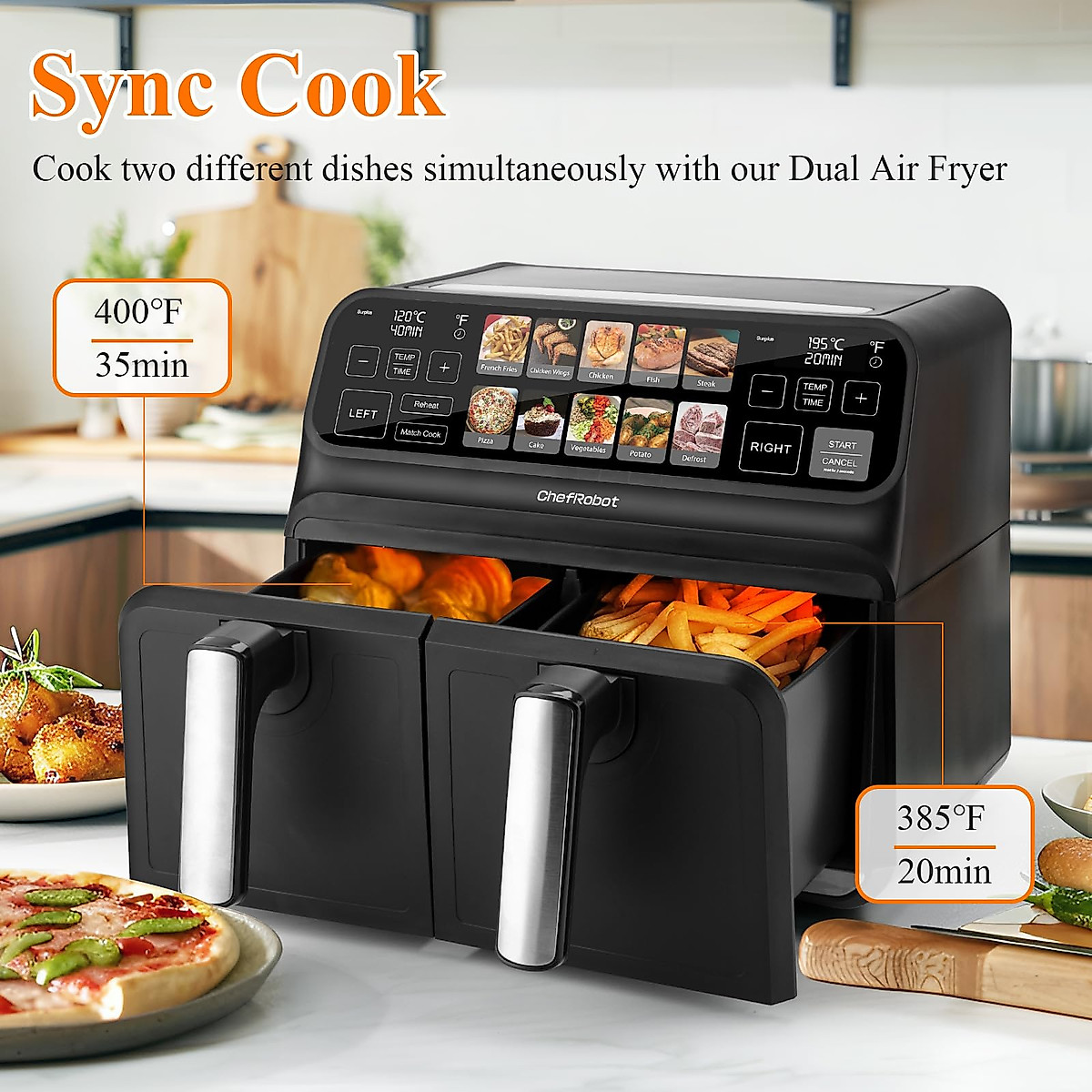 ChefRobot Air Fryer 8 Quart Dual Air Fryer TFT Screen Double Air Fryer for Family Size/Kitchen/RV