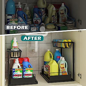 NADAMOO Kitchen Organizers and Storage 2 Pack Adjustable Height Under Sink Organizers and Storage with Removable Basket 2 Tier Bathroom Cabinet Organizer Pull Out Laundry Room Organization for Pantry