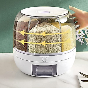 KONKENIE 6 Grids Rotatable Grain Storage Tank with Lid 10kg Rice Cereal Bean Flour Plastic Container 360° Rotating Round Dry Food Dispenser for Home Kitchen Pantry Store White&Clear (9.5x10.6x10.6in)