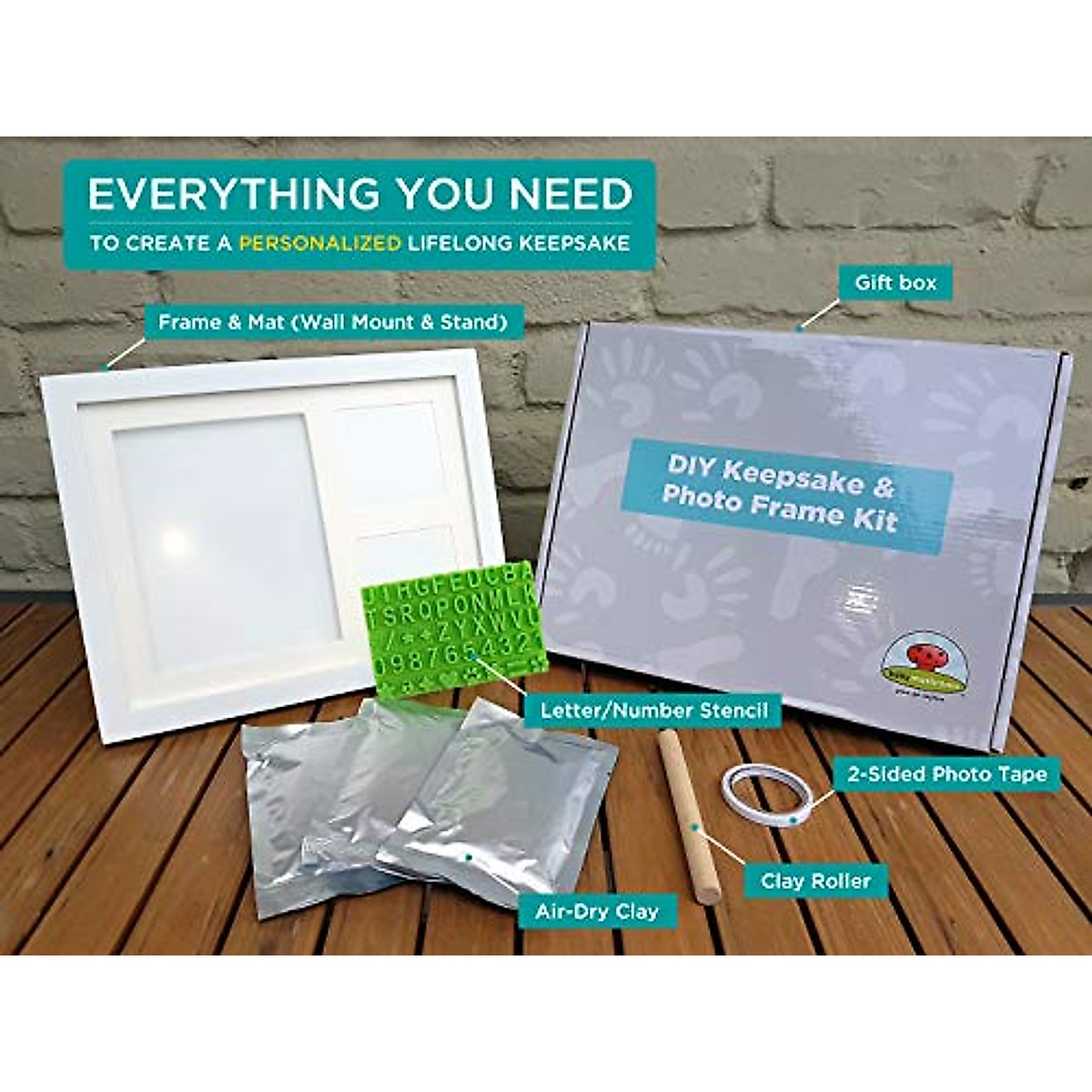 Baby Handprint & Footprint Keepsake Photo Frame Kit - Personalize it w/Bonus Stencil! Non-Toxic Clay, Wall/Table Wood Picture Frame. Perfect Registry, Baby Shower, New Mom, Birthday & Newborn Gift!