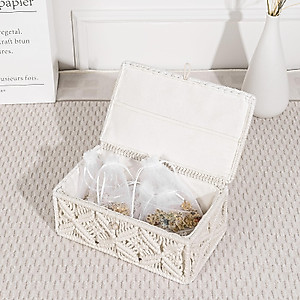 ANMINY Macrame Storage Basket with Lid & 25Pcs Organza Gift Bags Bohemian Jewelry Box Handmade Woven Natural Cotton Rope Lidded Bin Decorative Desktop Organizer Countertop Tank Shelf Cabinet Container