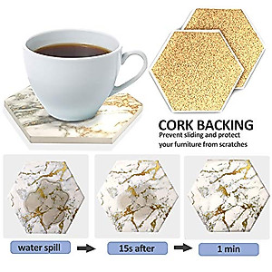 8 Pcs Drink Coasters with Metal Holder Stand, Marble Design Ceramic Coaster Set, Cork Base, for Tabletop Protection, Home Decor, Bar Coasters (Golden)