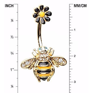 Body Accentz Belly Button Ring Golden Queen Bee Black Daisy Navel Ring 14 gauge 3/8'' bar