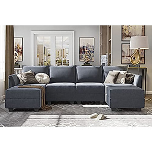 HONBAY Modern U-Shaped Modular Sectional Sofa Sleeper Couch with Reversible Chaise Modular Sofa Couch with Storage Seats, Bluish Grey