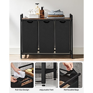 VASAGLE Laundry Hamper, Laundry Basket, 3 × 38L Laundry Sorter with 3 Bags, 1 Storage Shelf, Rustic Brown and Black UBLH301B01
